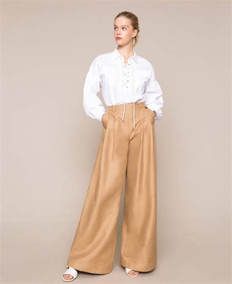 Широкие брюки из смесового льна женщина, Бежевый | TWINSET Milano