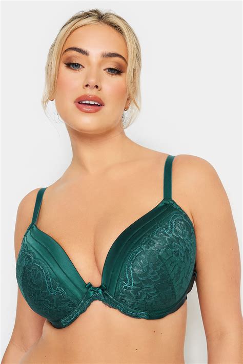 YOURS Plus Size Green Lace Detail Satin Padded Plunge Bra | Yours Clothing