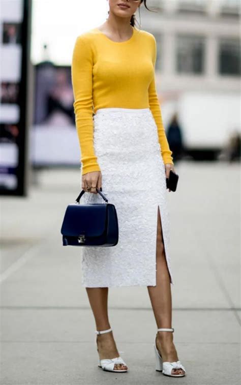 White pencil skirt, yellow jacket, shoes outfit (Белая юбка карандаш ...