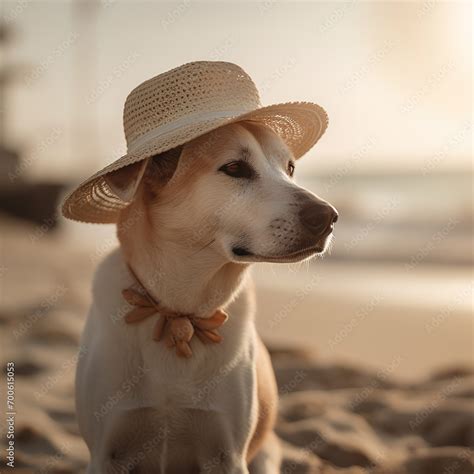 Hund mit Strohhut am Strand im Sommer. Golden Retriever mit Hut und ...