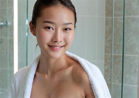 A midshot collage of an Asian woman with a towel showcasing natural beauty in a bathroom setting ...