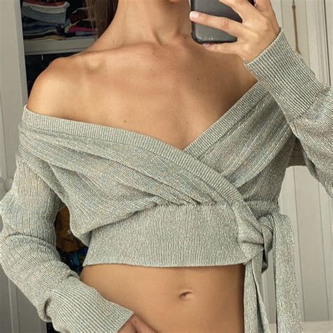Silver metallic off shoulder top Worn once Size 8... - Depop