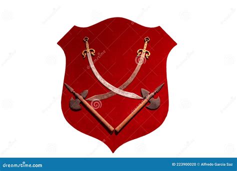Swords and Axes on a Red Velvet Shield Isolated on White Background ...