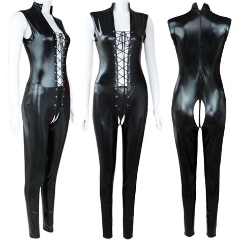 Women PU Leather Bodycon Bodysuit Catsuit Clubwear Jumpsuit Wet Look ...