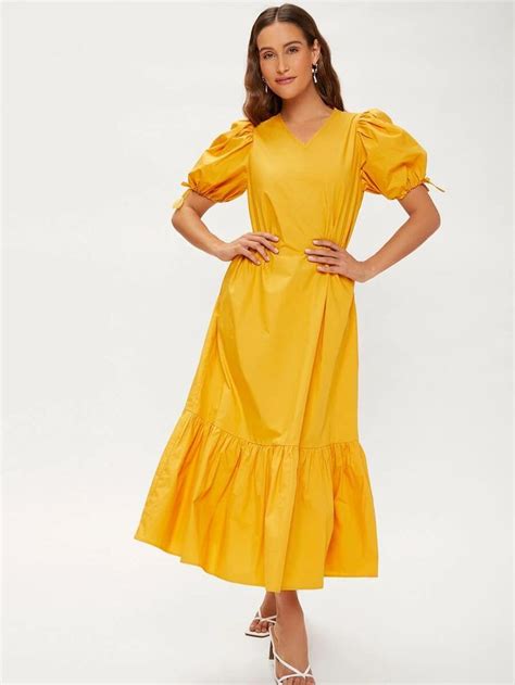 Платье с пышным рукавом и оборкой | SHEIN Россия | Online dress ...