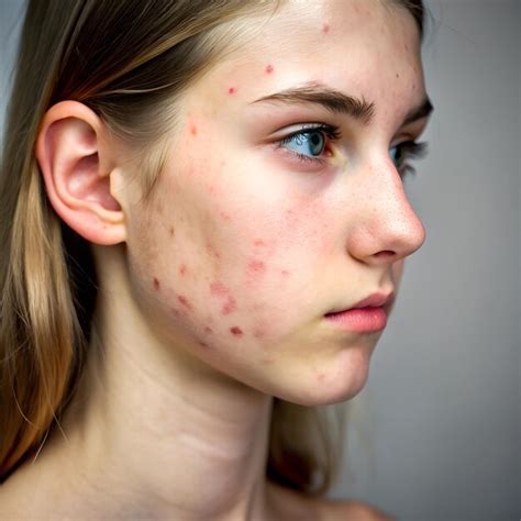 Close up of young Asian woman having acne inflamed on her cheek ...