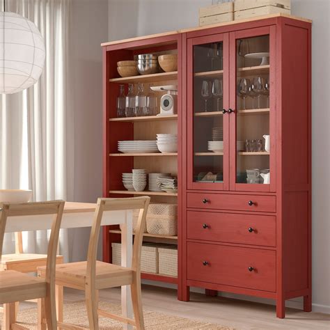 HEMNES Aufbewkomb.+Türen/Schubladen, rot las./hellbraun lasiert ...
