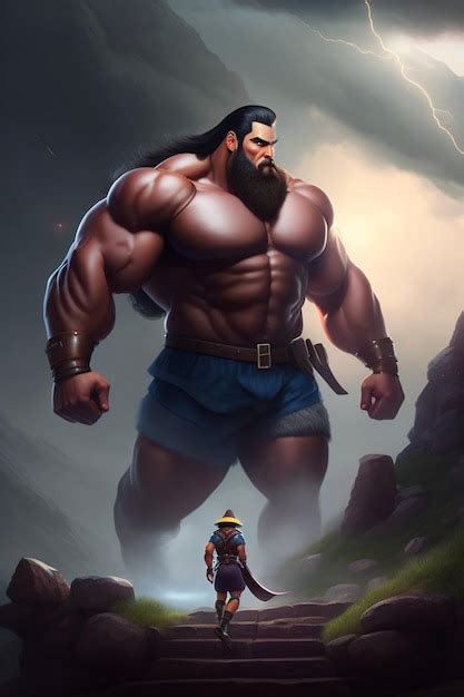 Premium Photo | A huge giant is approaching the village from behind