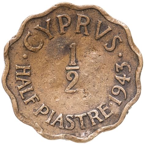 Монета Кипр 1/2 пиастра (piastre) 1943 стоимостью 308 руб.